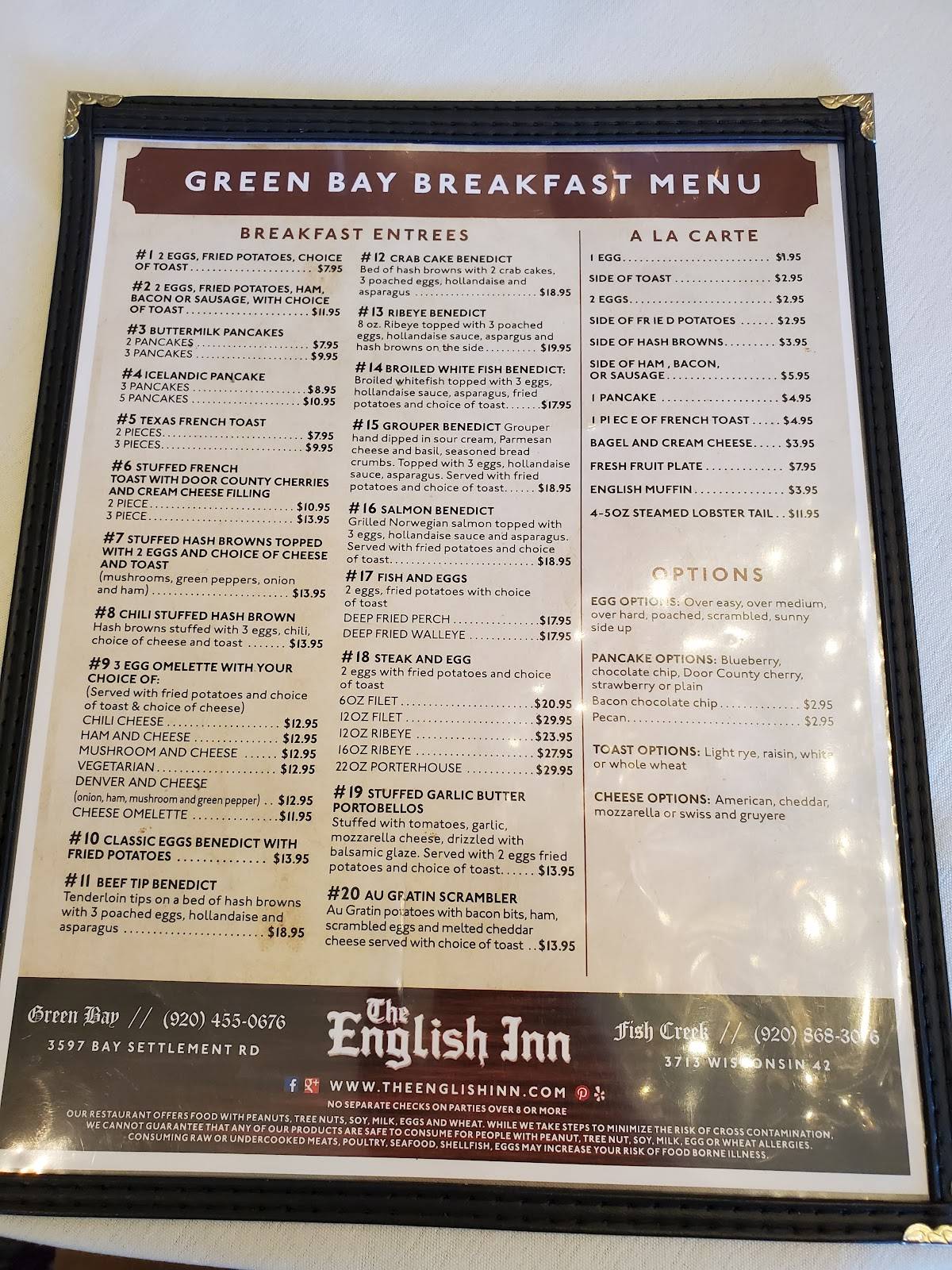 Menu at The English Inn pub & bar, Green Bay