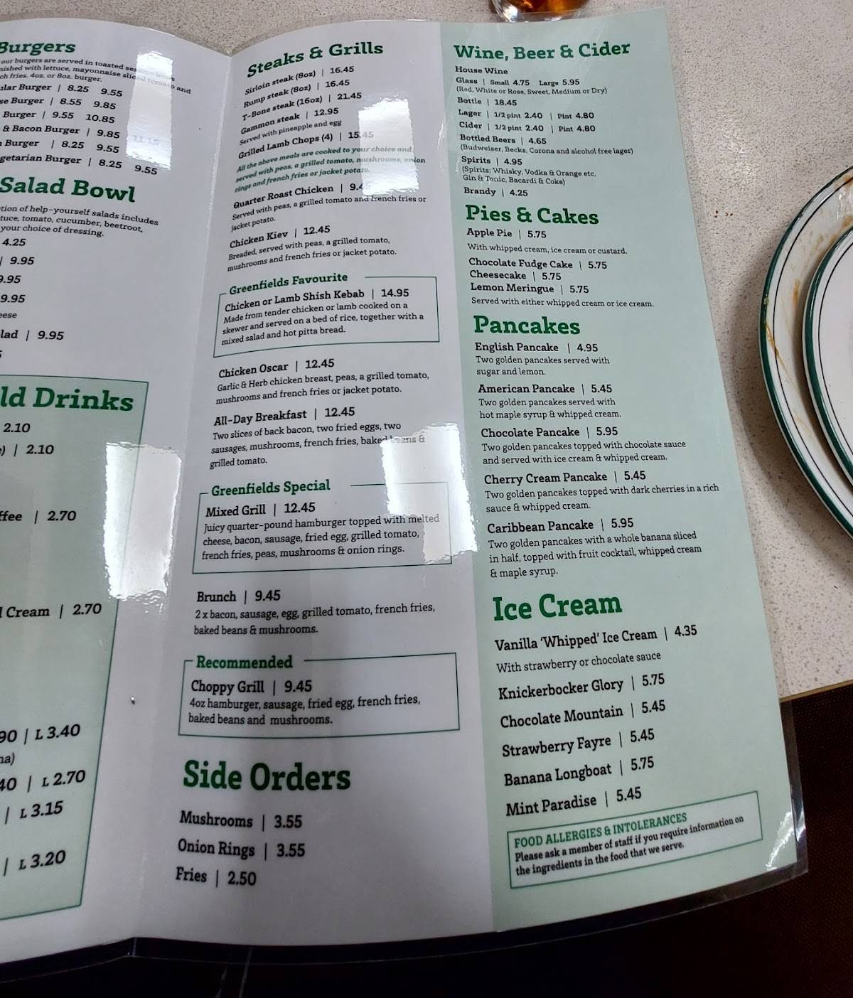 Menu at Greenfields Restaurant, Luton