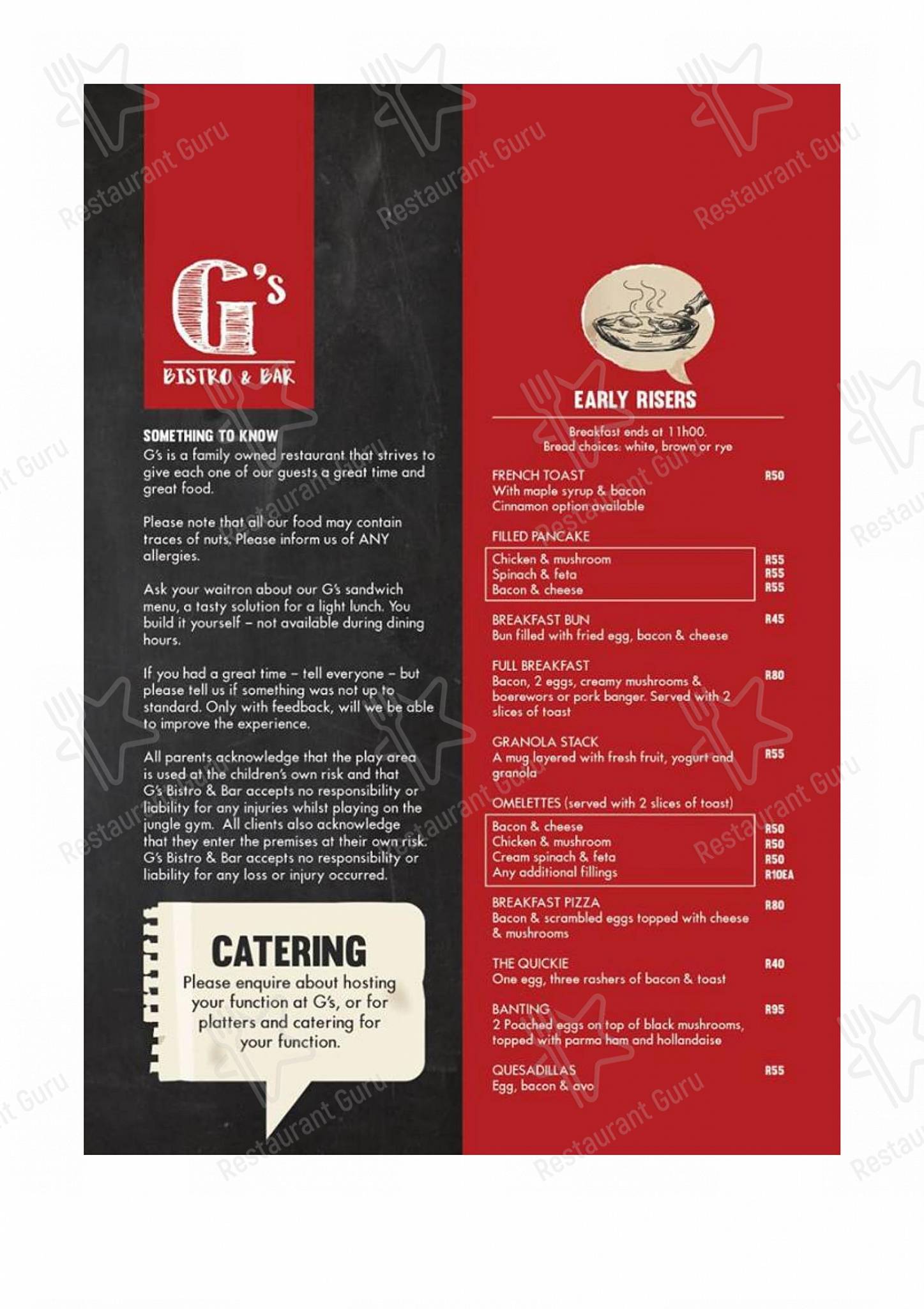 Menu at G's Bistro & Bar, Hazyview