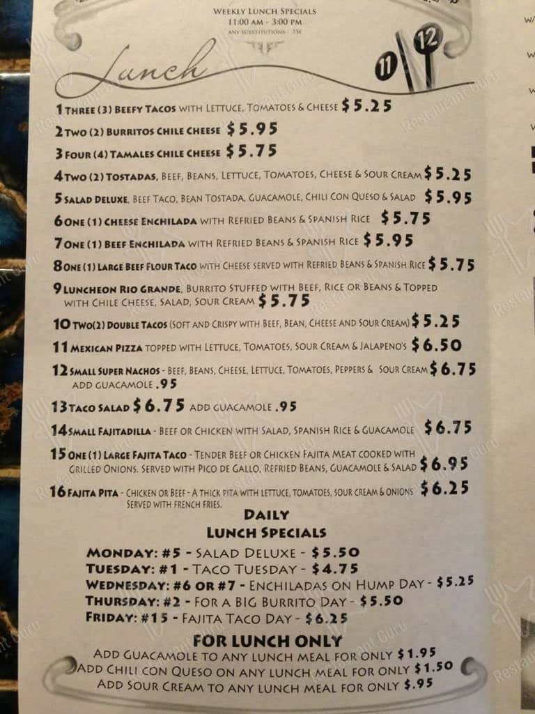 Menu at Guadalajara Restaurant, Orange