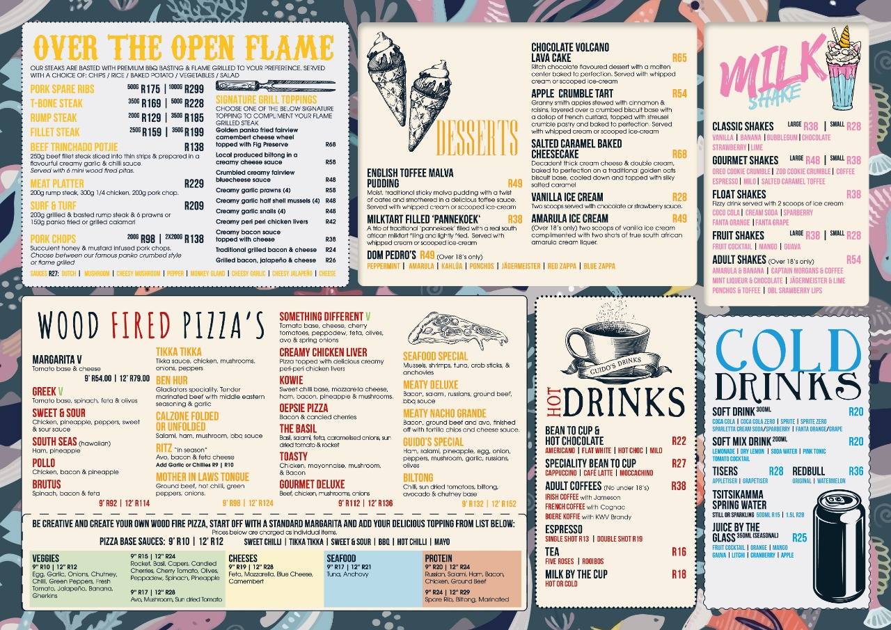 Menu at Guido's restaurant, Port Alfred