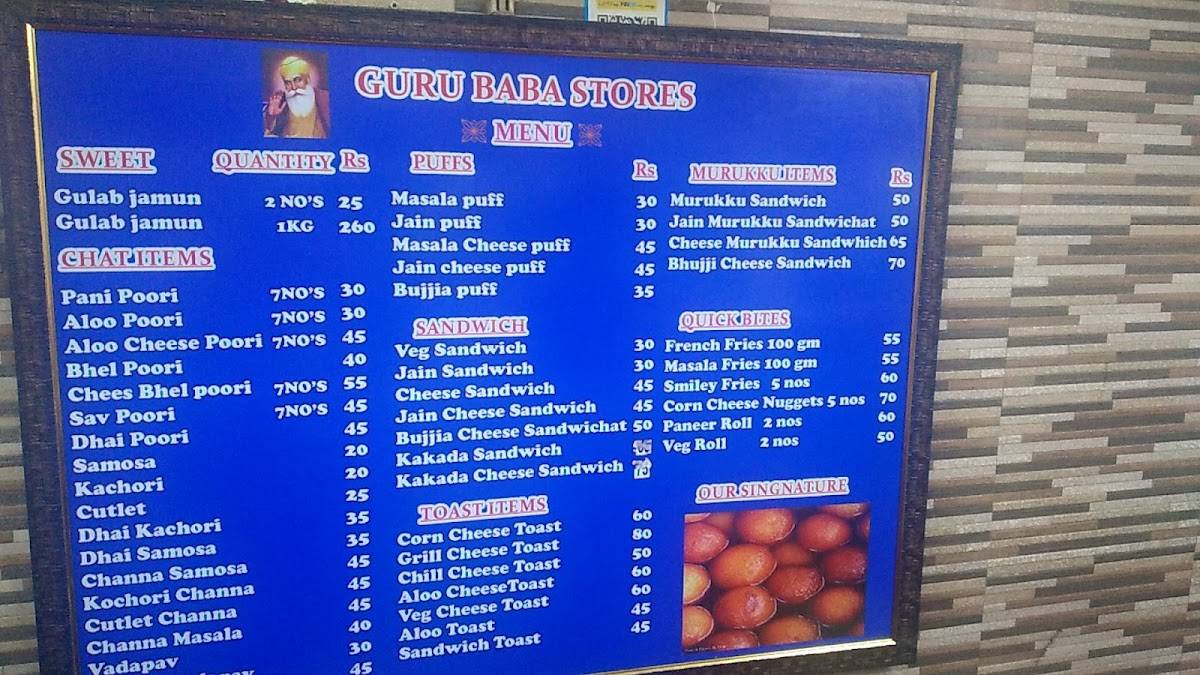 Menu at Guru Baba store, Chennai