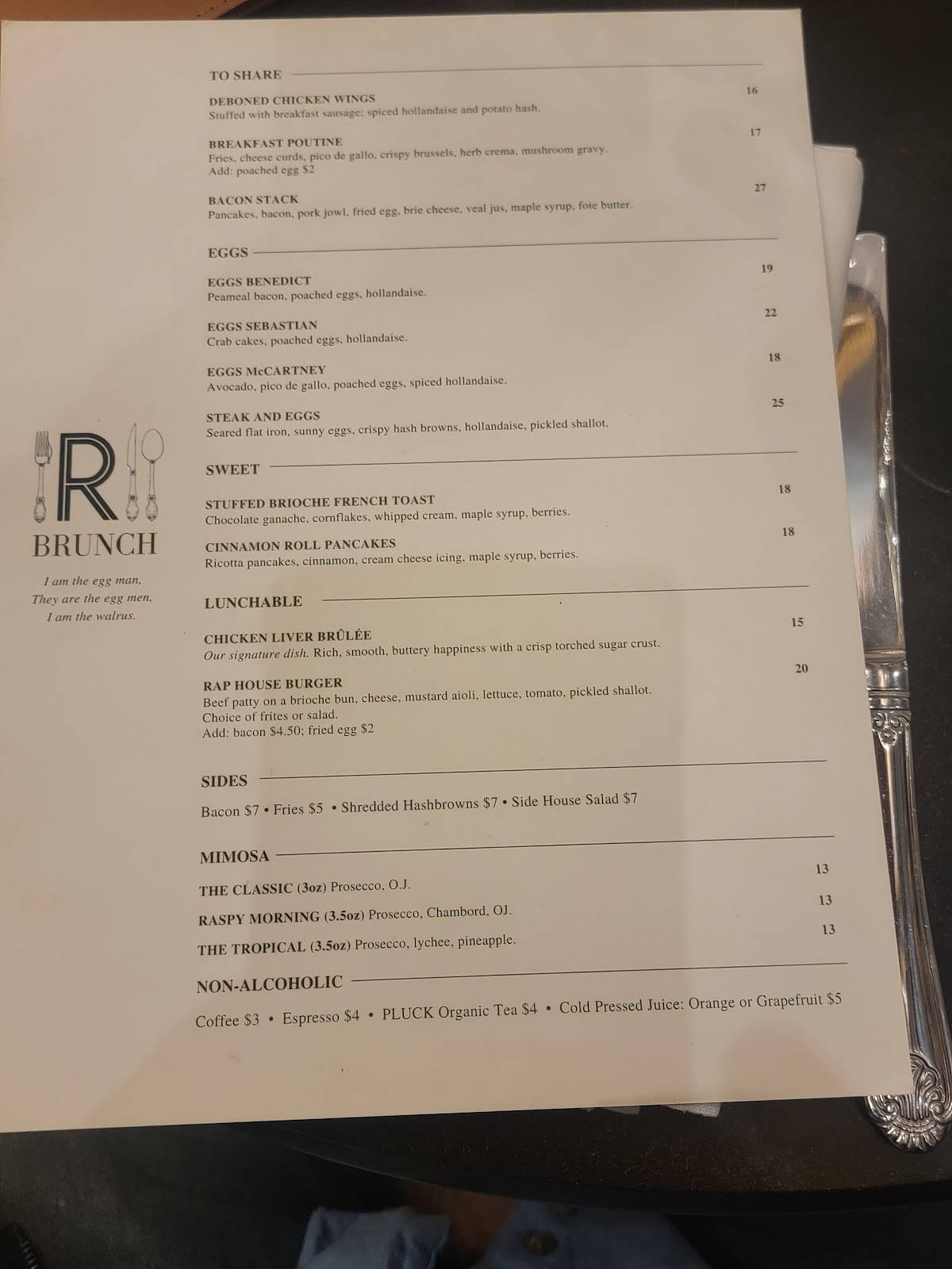 Menu at Rapscallion and Co. restaurant, Hamilton
