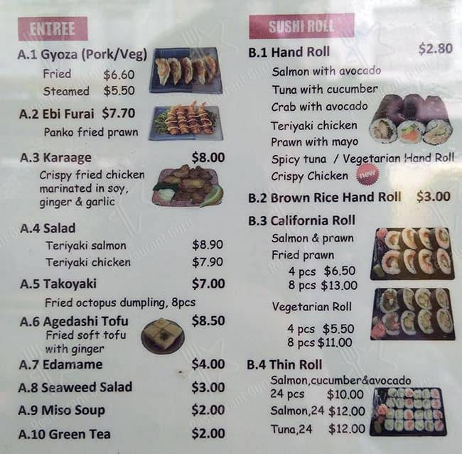Menu at Hanabi Sushi restaurant, Melbourne