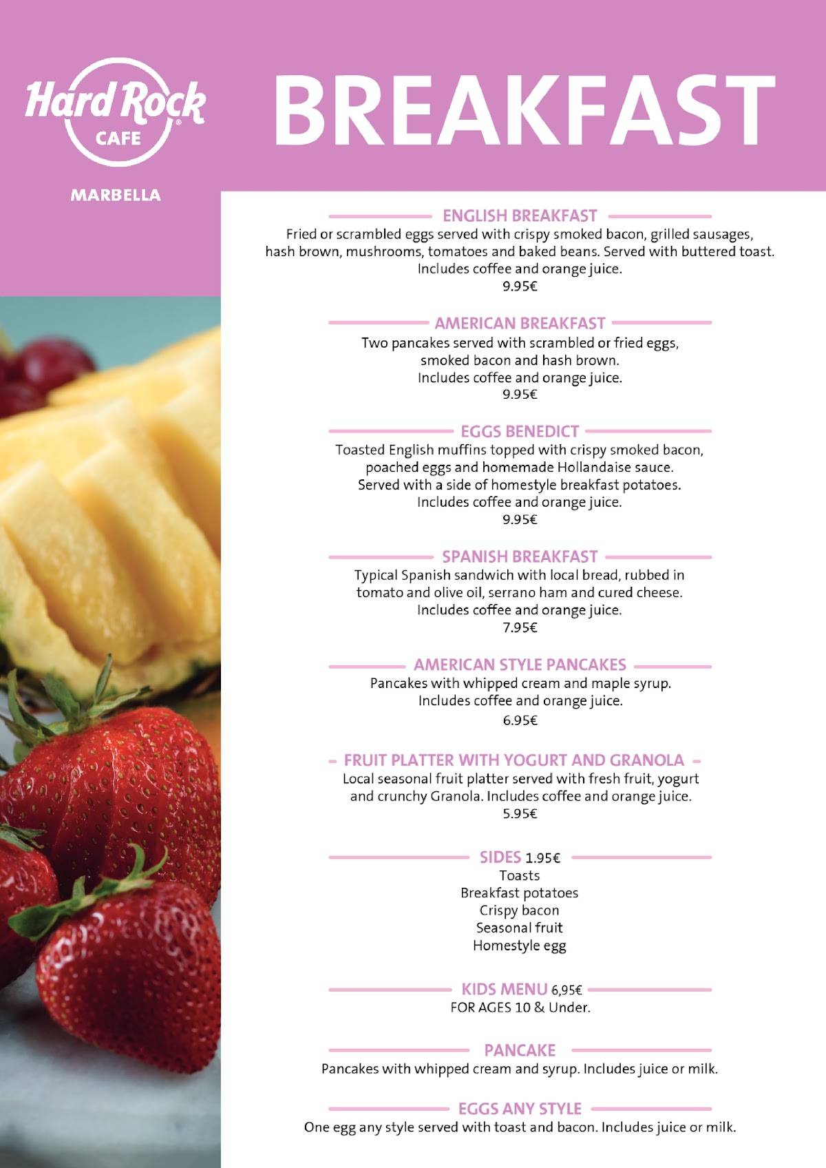 Menu at Hard Rock Cafe, Marbella
