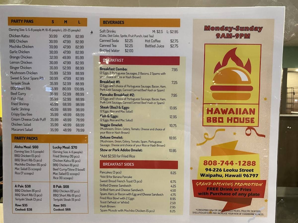 Menu at Hawaiian BBQ House, Waipahu