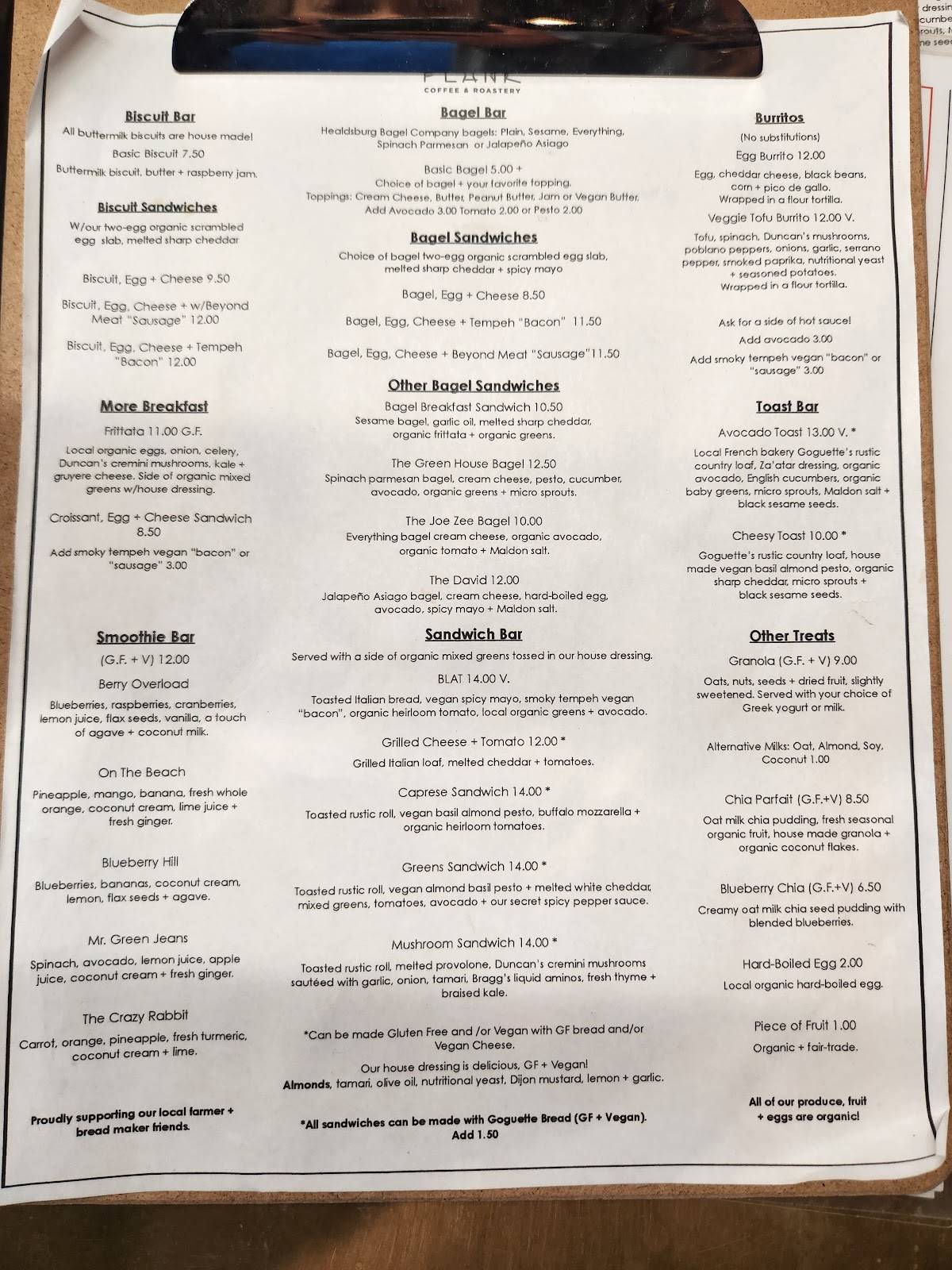 Menu at Plank Coffee Healdsburg cafe, Healdsburg, 175 Dry Creek Rd
