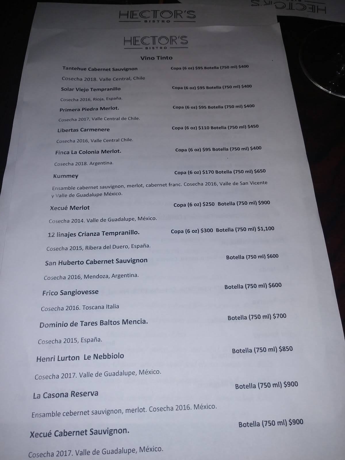 Menu at Hector's Bistro restaurant, Mazatlán