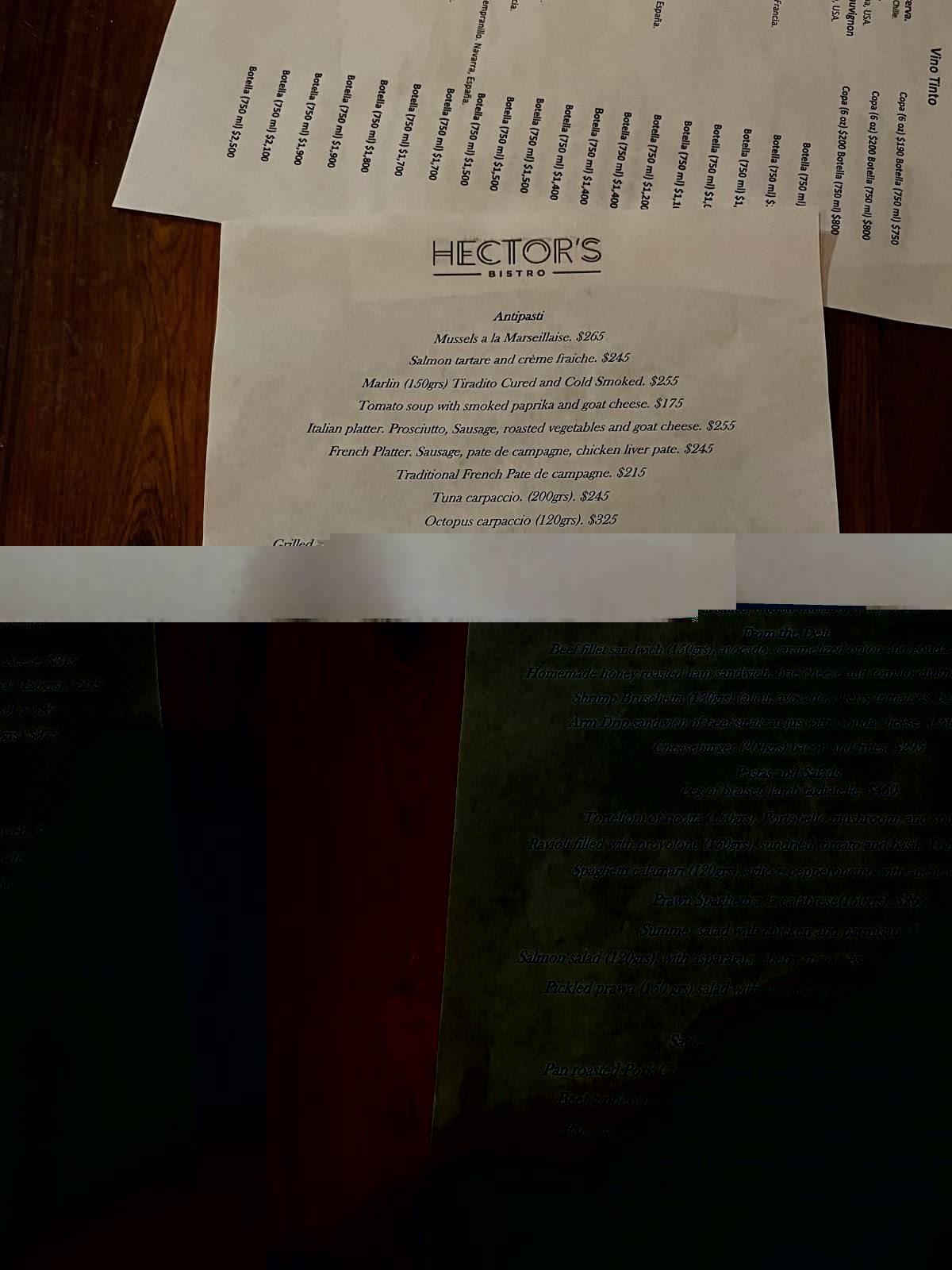 Menu at Hector's Bistro restaurant, Mazatlán