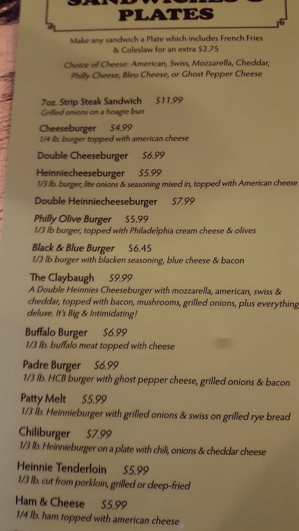 Menu at Heinnies steakhouse, Elkhart