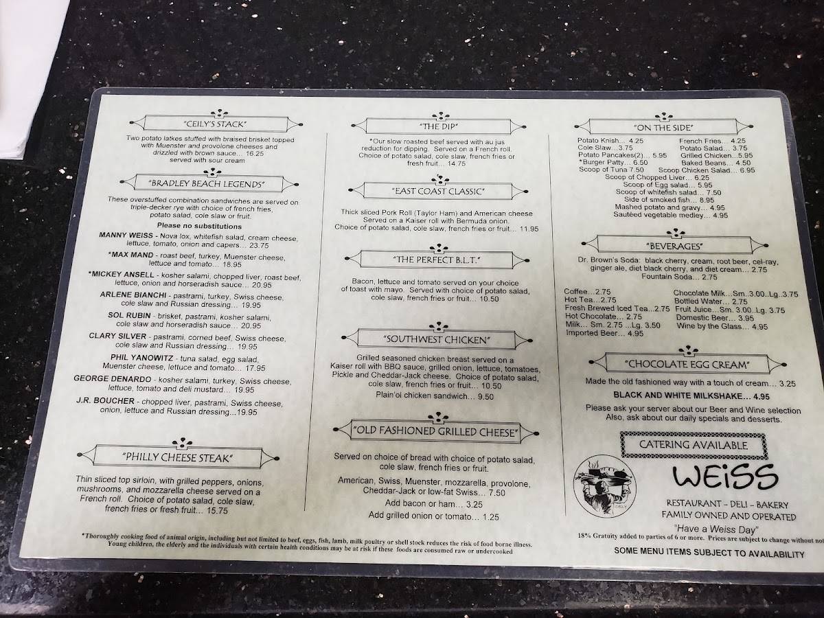 Menu at Weiss Deli restaurant, Henderson