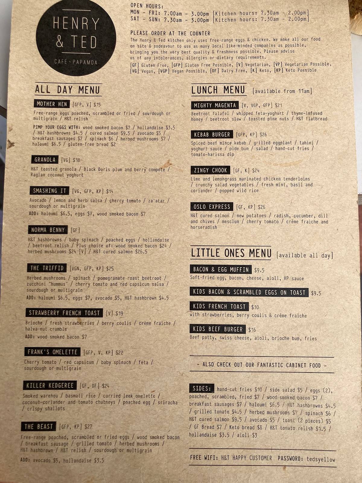 Menu at Henry & Ted cafe, Papamoa