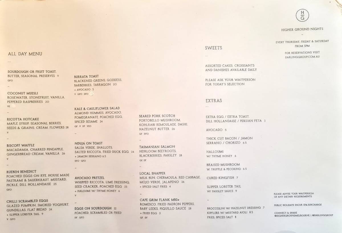 Menu at Higher Ground cafe, Melbourne