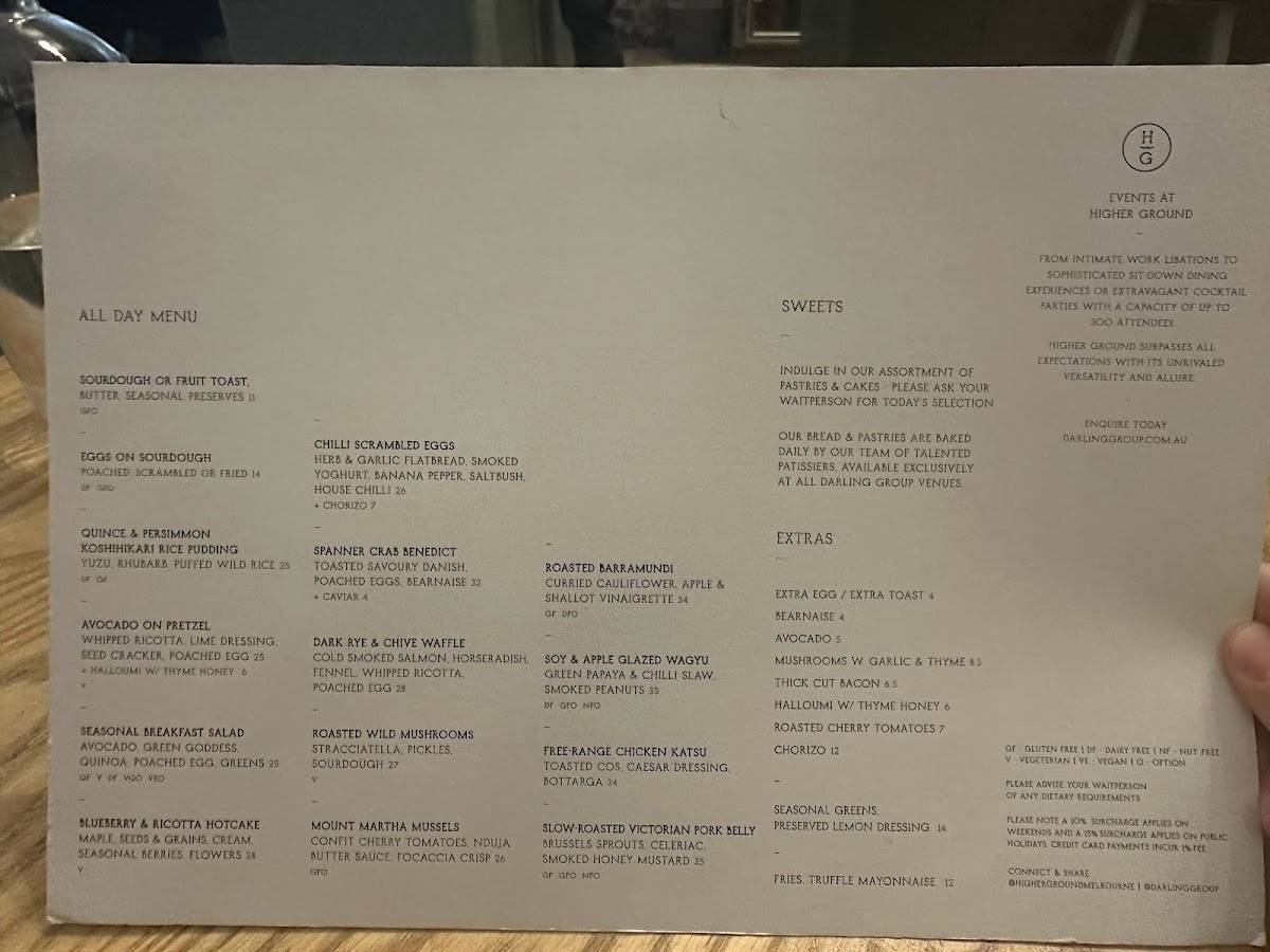 Menu at Higher Ground cafe, Melbourne
