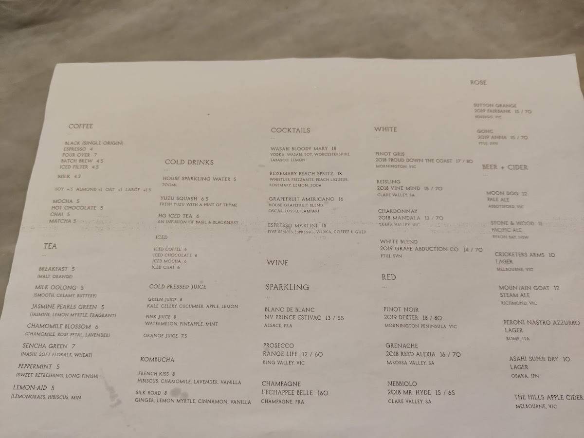 Menu at Higher Ground cafe, Melbourne