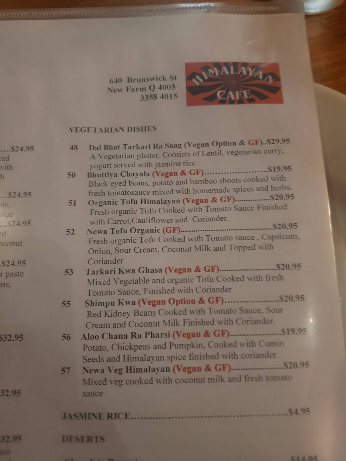 Menu at Himalayan Cafe, New Farm