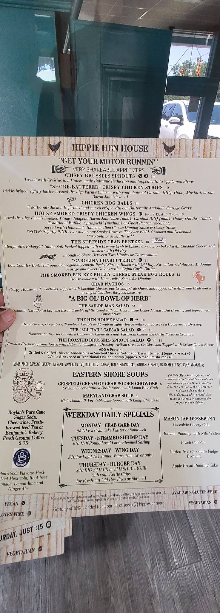 Menu at Hippie Hen House restaurant, Murrells Inlet, US-17 BUS