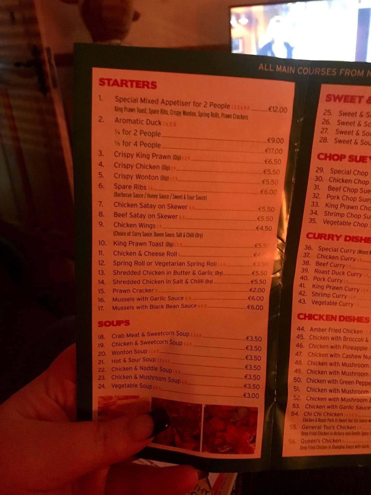 Menu at Ho Kee Chinese restaurant, Tralee