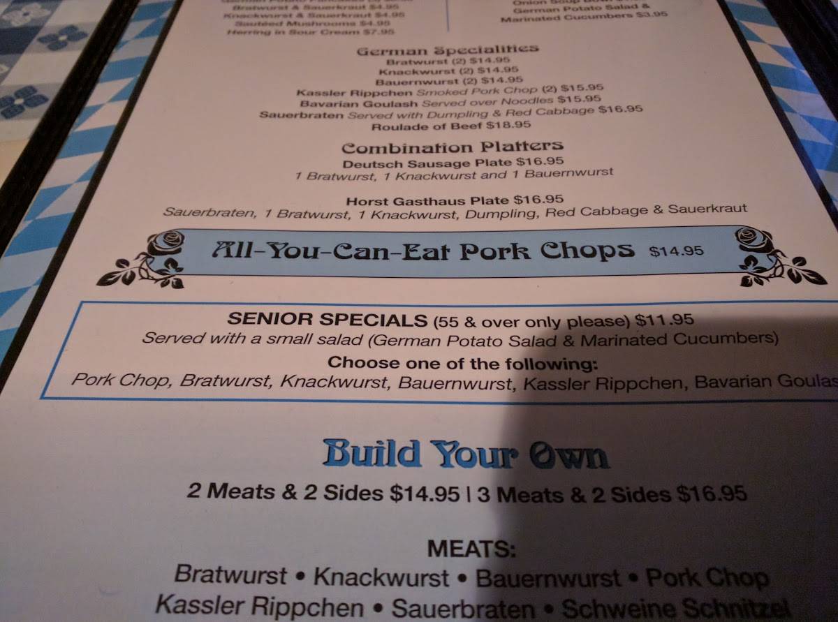 Menu at Horst Gasthaus restaurant, North Myrtle Beach