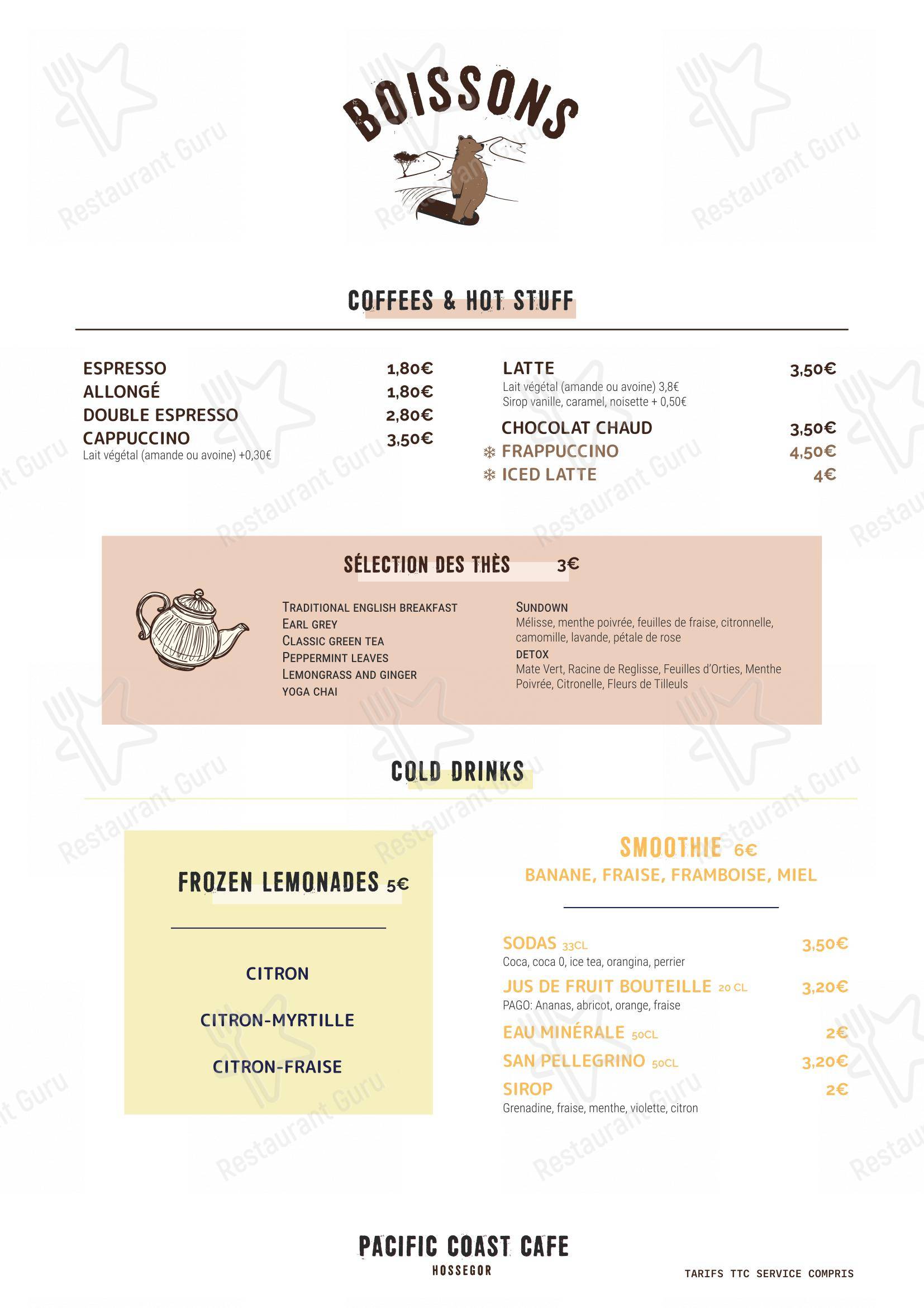 Menu at Pacific Coast Café, Hossegor
