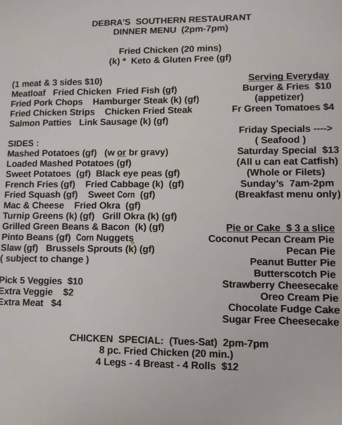 Menu at Debra's Good Eats restaurant, Hot Springs Village