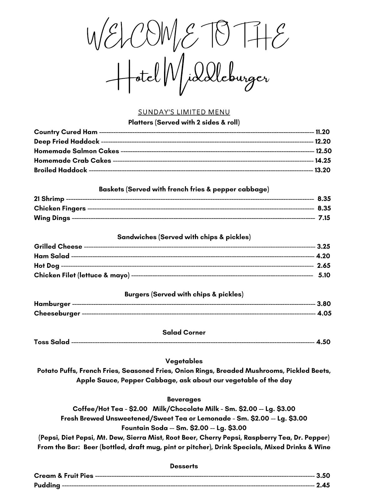 Menu at Hotel Middleburger restaurant, Middleburg