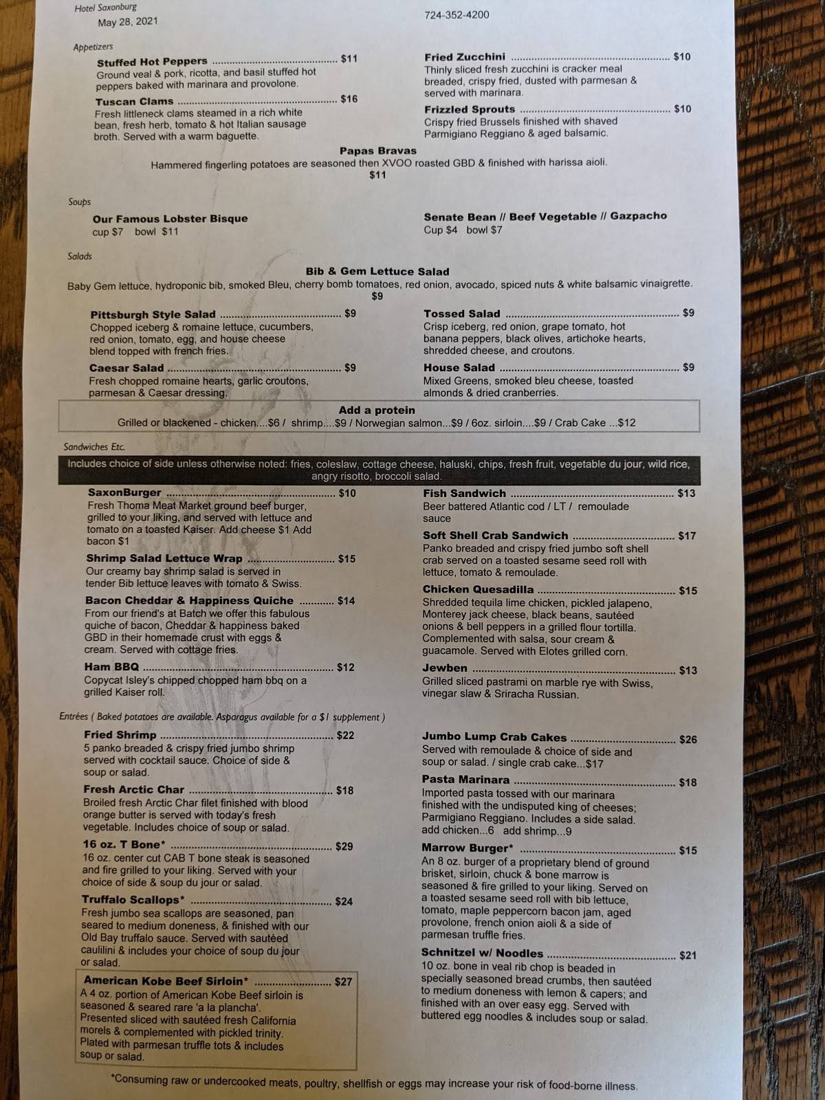 Menu at Hotel Saxonburg restaurant, Saxonburg