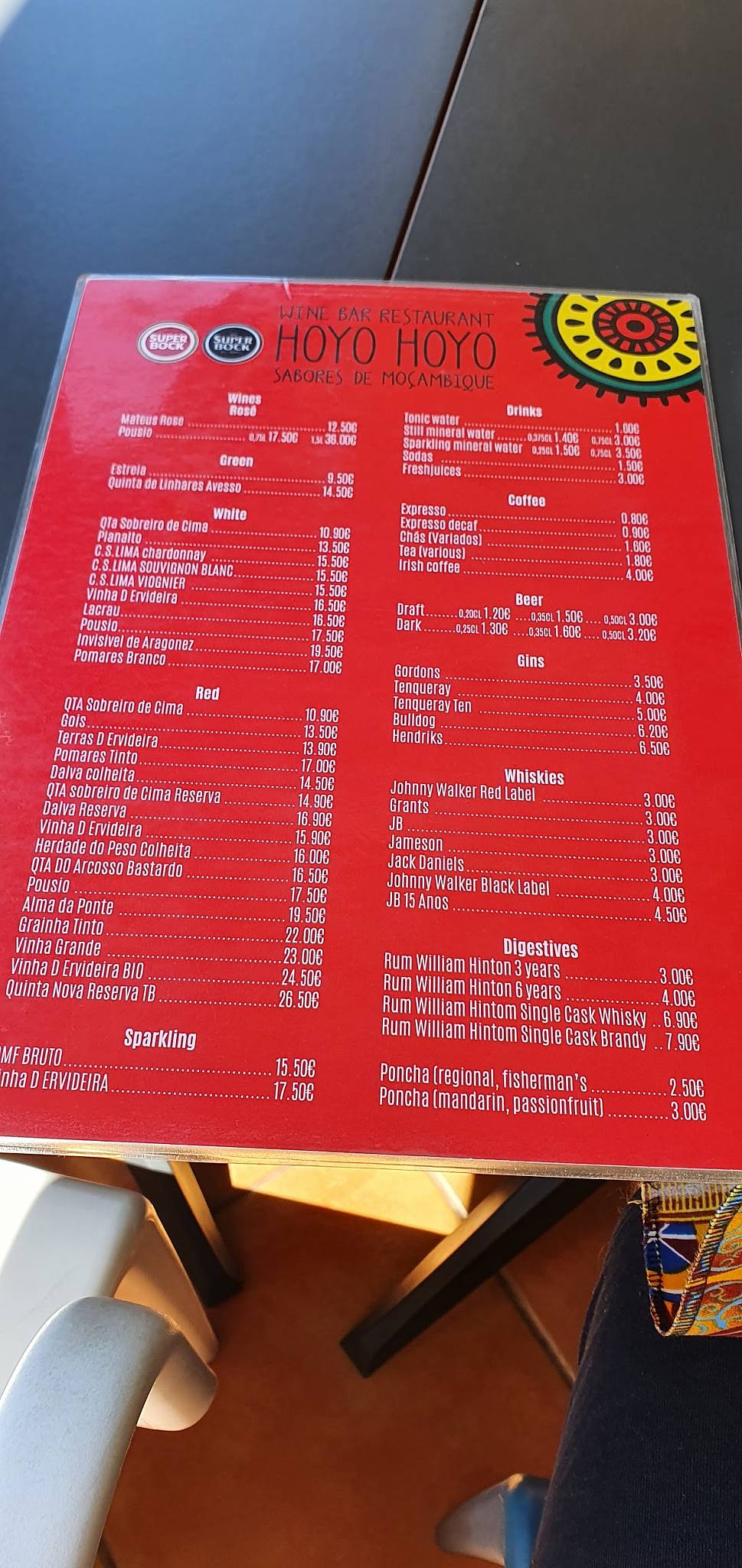 Menu at Hoyo Hoyo flavours of Mozambique restaurant, Funchal
