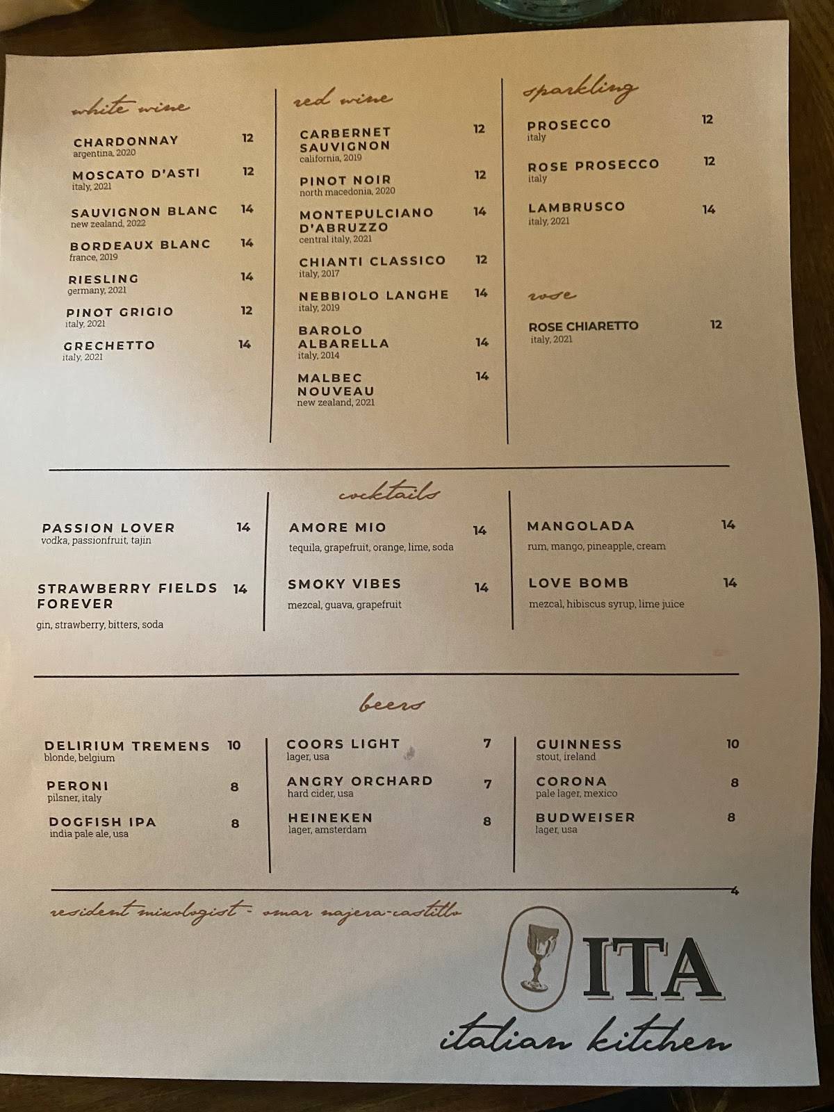 Menu at ITA Italian Kitchen pub & bar, Jersey City
