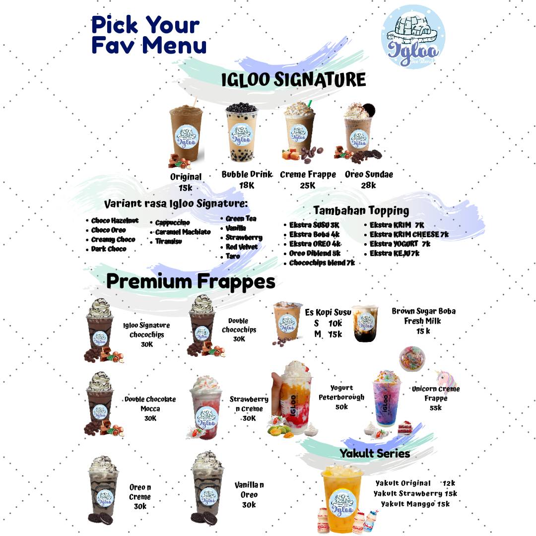 Carta del café Igloo Creme Frappes and Bubble Tea, South Jakarta