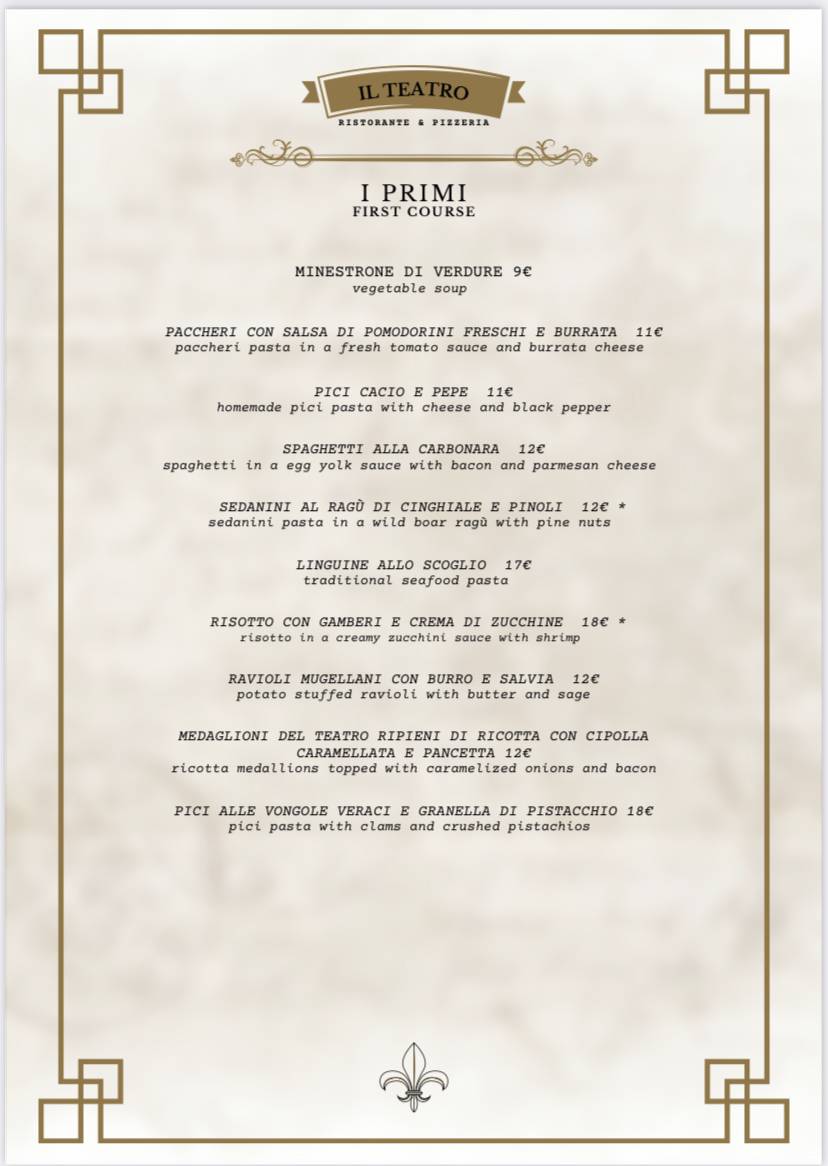 Menu da Ristorante & Pizzeria Il Teatro, Firenze