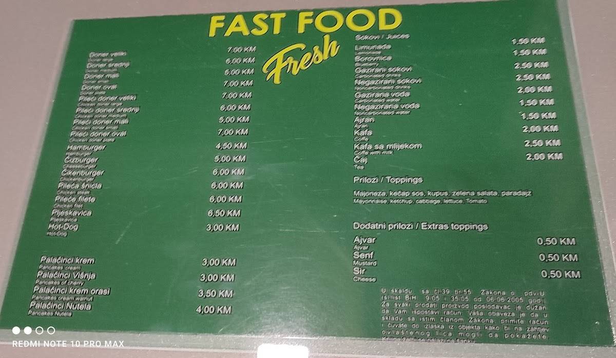 Menu at Fresh Fast Food, Ilidža, Ustanička 13