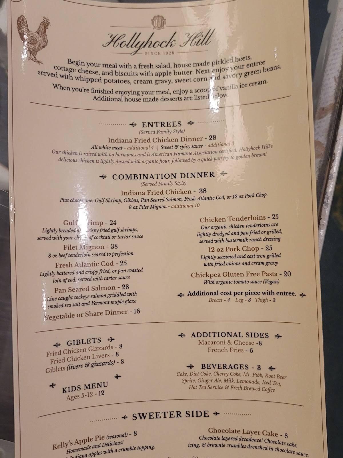 Menu at HollyHock Hill restaurant, Indianapolis