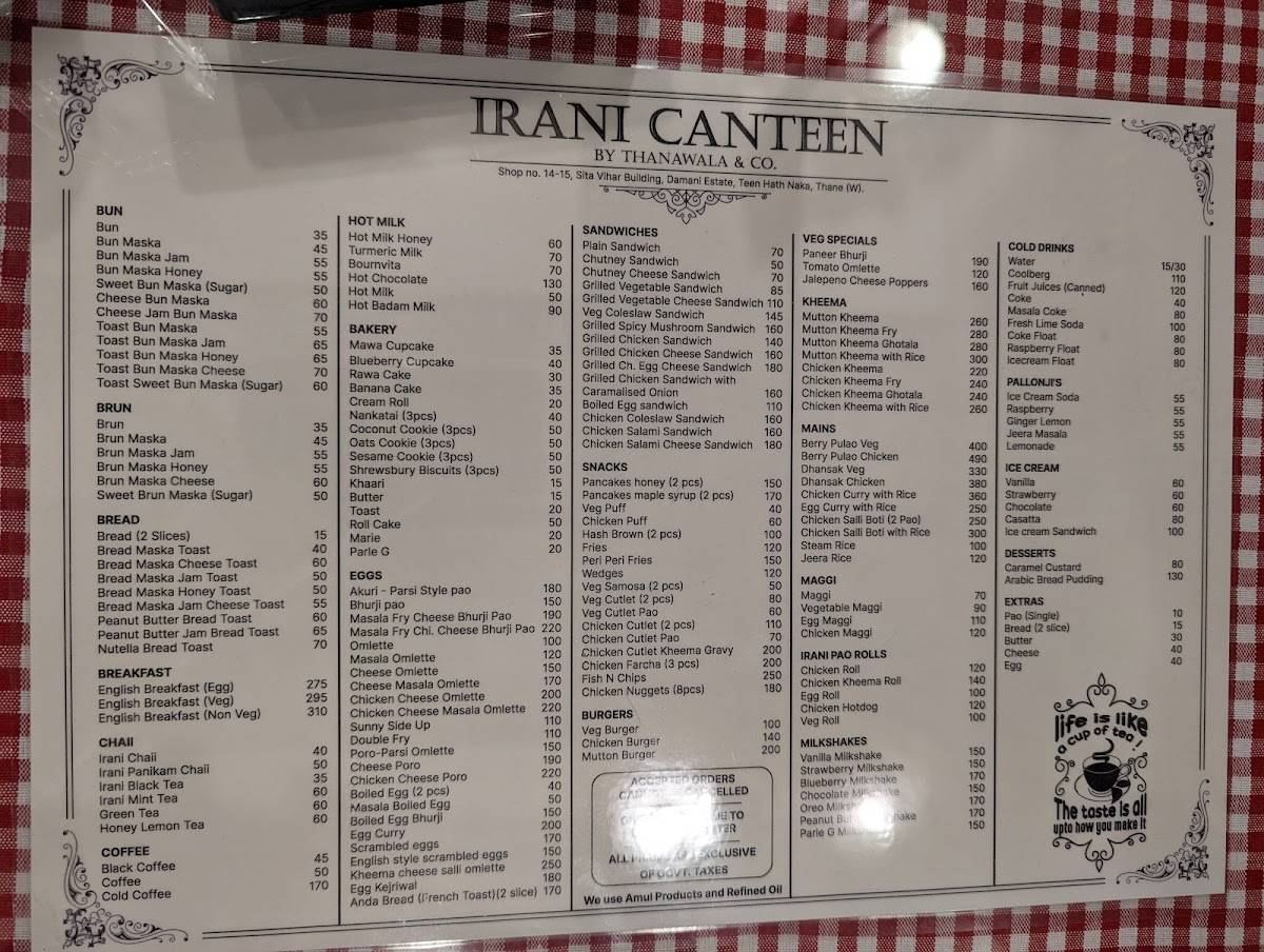 Menu at Irani Canteen, Thane