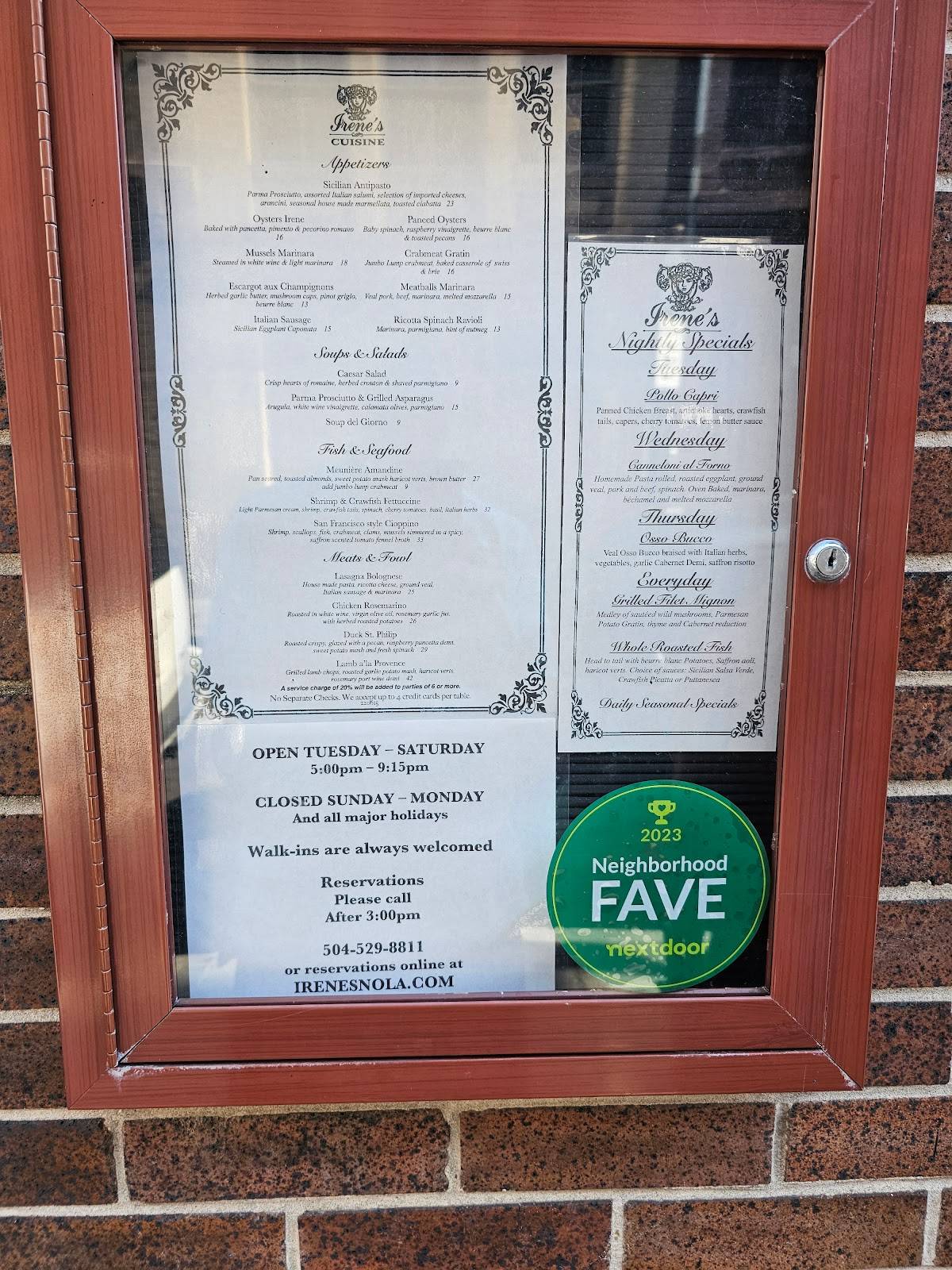Menu at Irene's restaurant, New Orleans