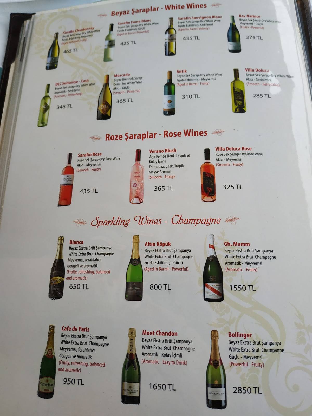 Menu at Seven Hills Restaurant, Istanbul