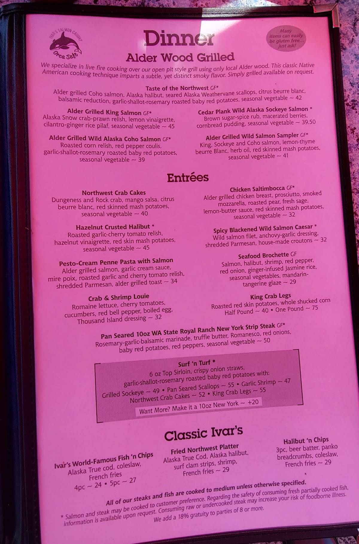 Menu at Ivar's Salmon House restaurant, Seattle