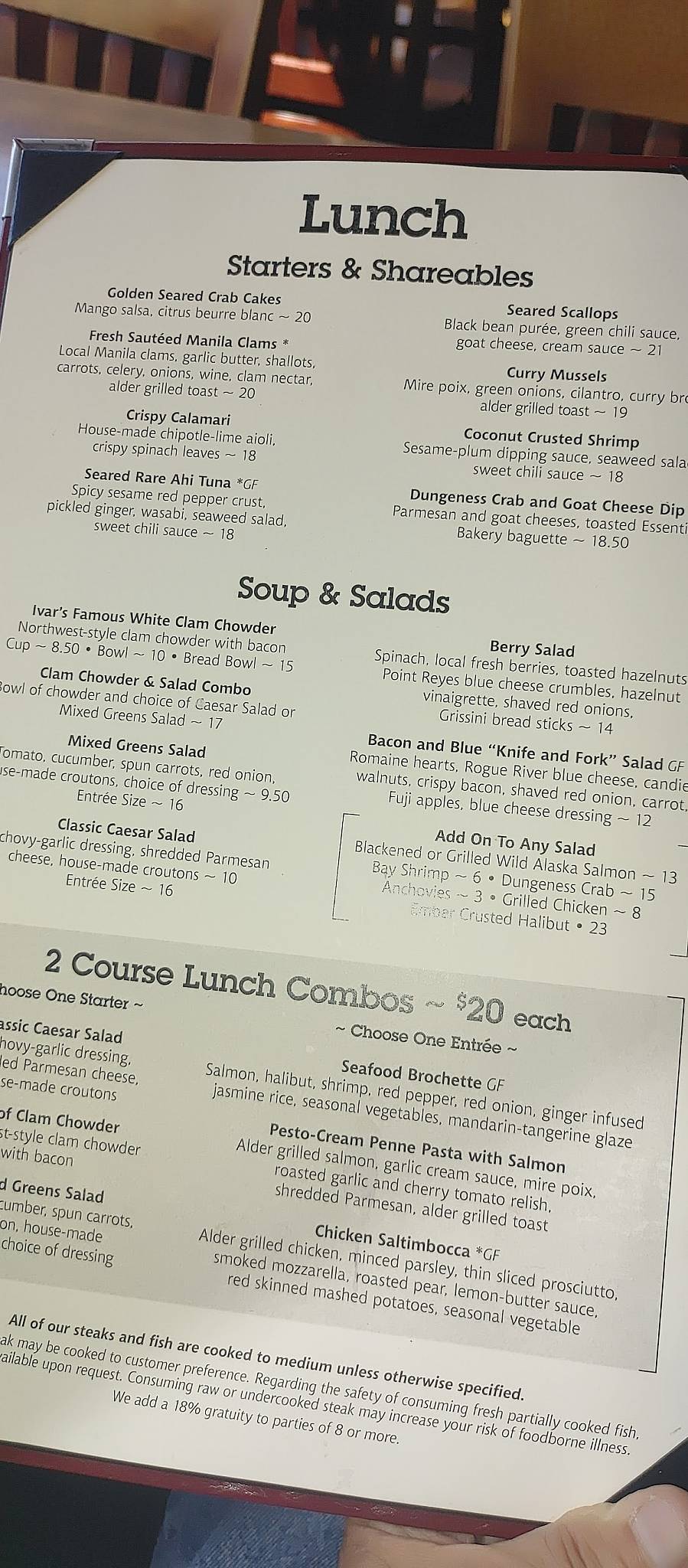 Menu at Ivar's Salmon House restaurant, Seattle