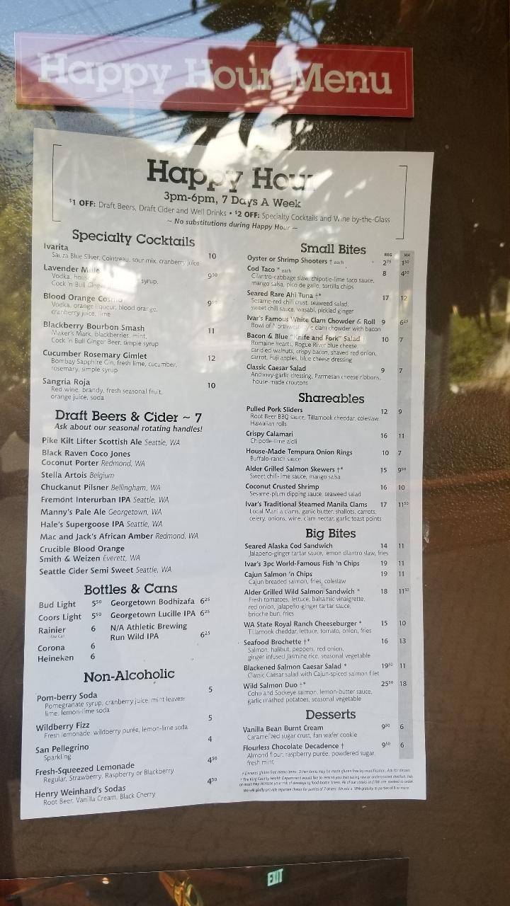 Menu at Ivar's Salmon House restaurant, Seattle