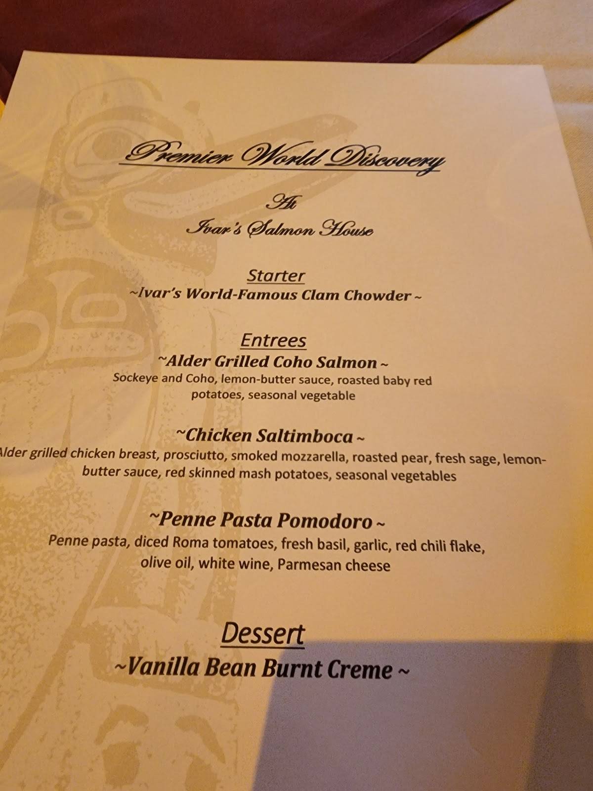 Menu at Ivar's Salmon House restaurant, Seattle
