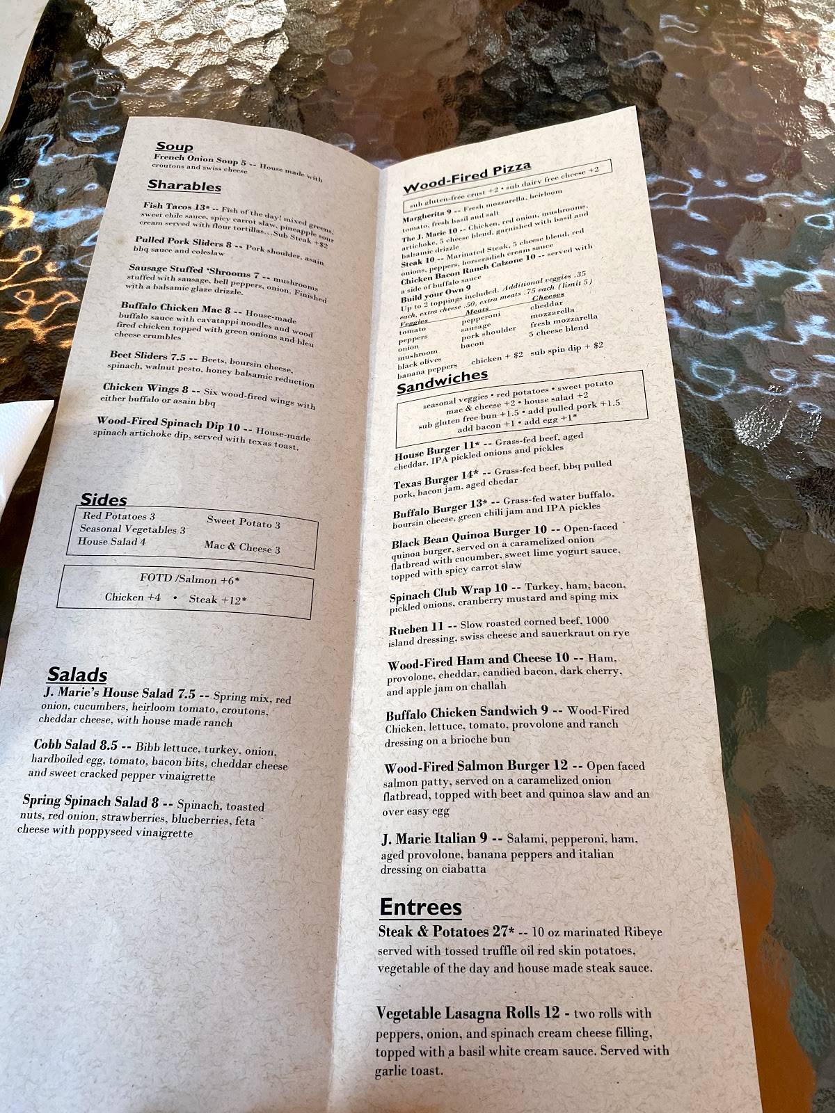 Menu at J. Marie's Wood-Fired Kitchen and Drinks restaurant, Wapakoneta