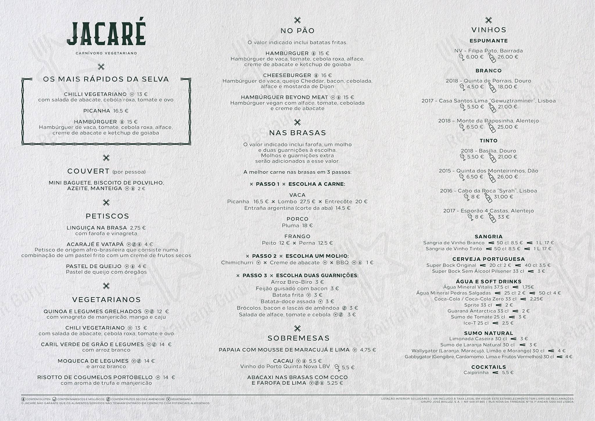 Menu at Jacaré restaurant, Lisbon