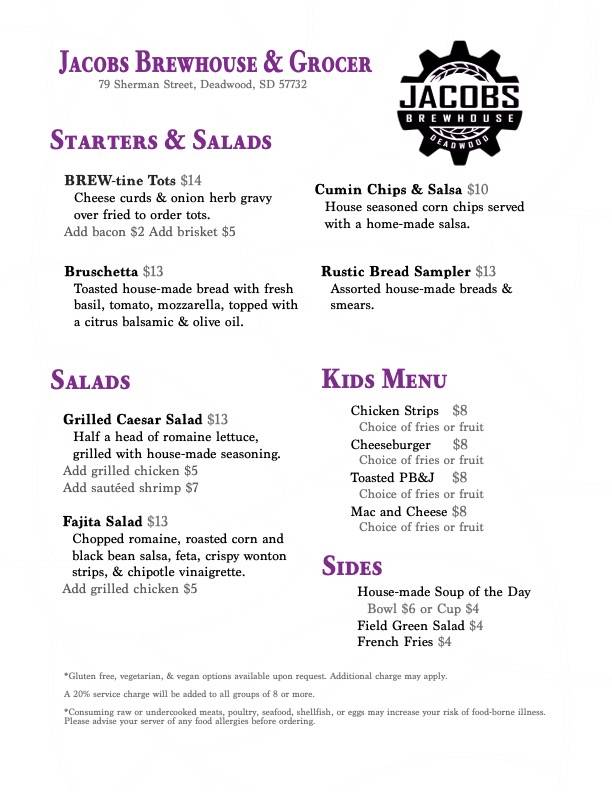 Menu at Jacobs Brewhouse Restaurant, Deadwood
