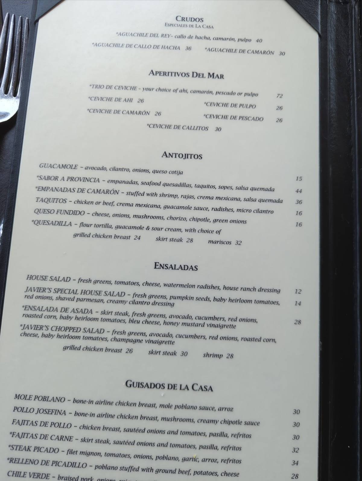 Menu at Javier's Restaurant - Newport Beach, Newport Beach