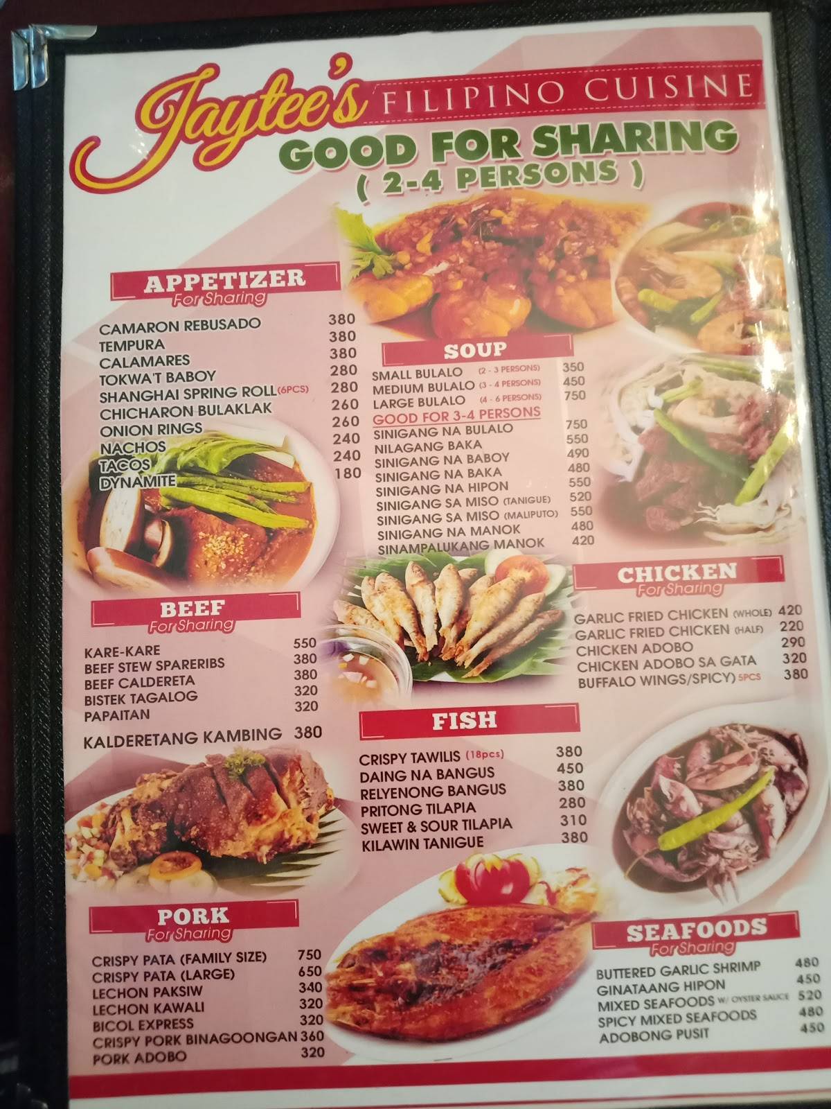 Menu at Jaytee's Classic Filipino Cuisine restaurant, Tagaytay, 4W2X+H5H