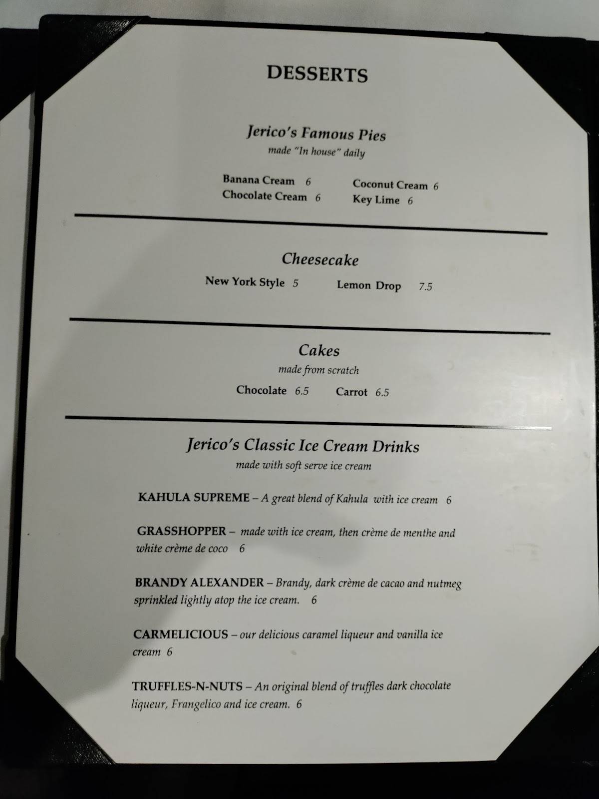 Menu at Jerico's steakhouse, Omaha