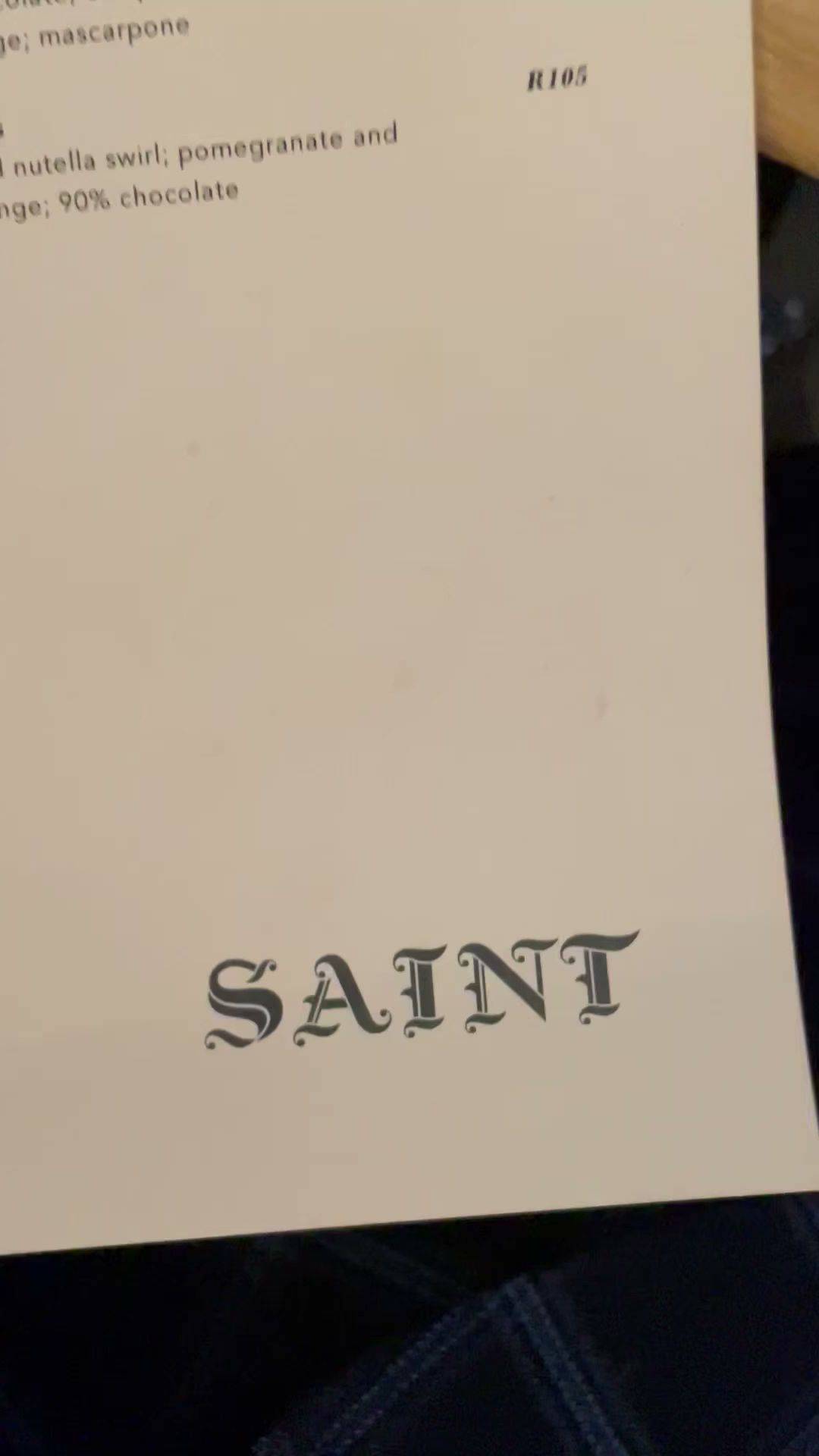 Menu at Saint Restaurant, Sandton