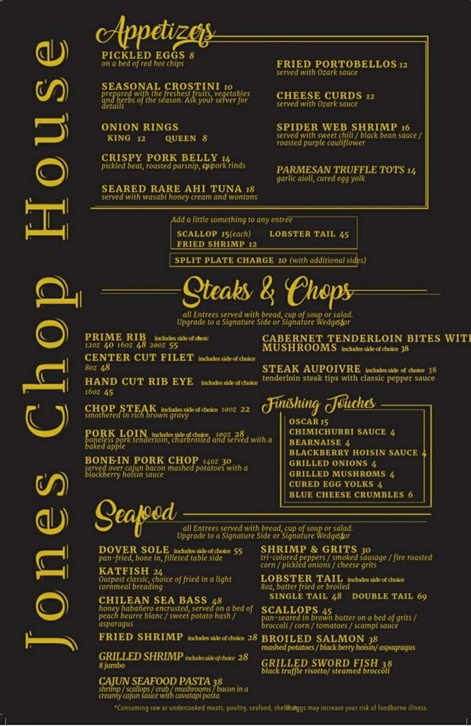 Menu at Jones Chophouse restaurant, Osage Beach