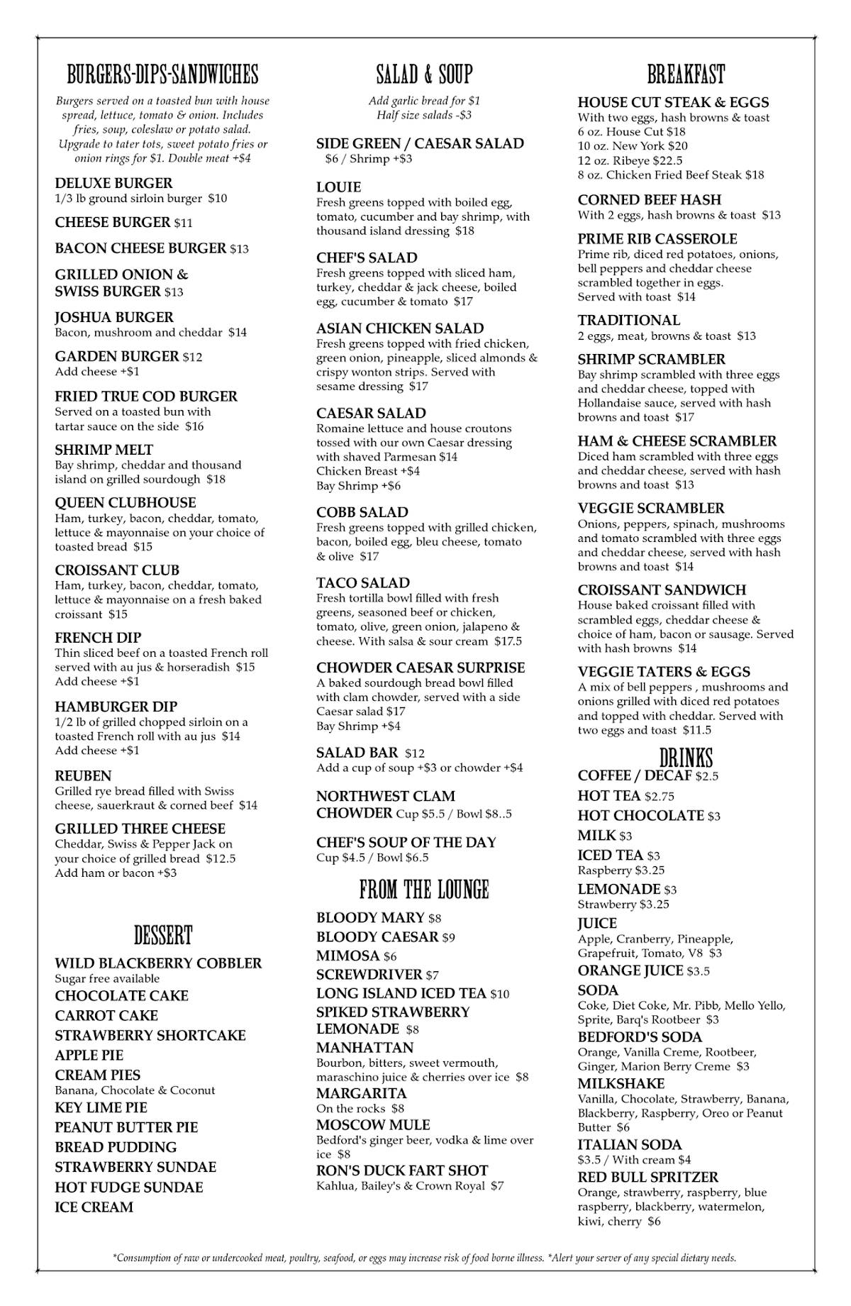 Menu at Joshua's Restaurant & Lounge, Port Angeles