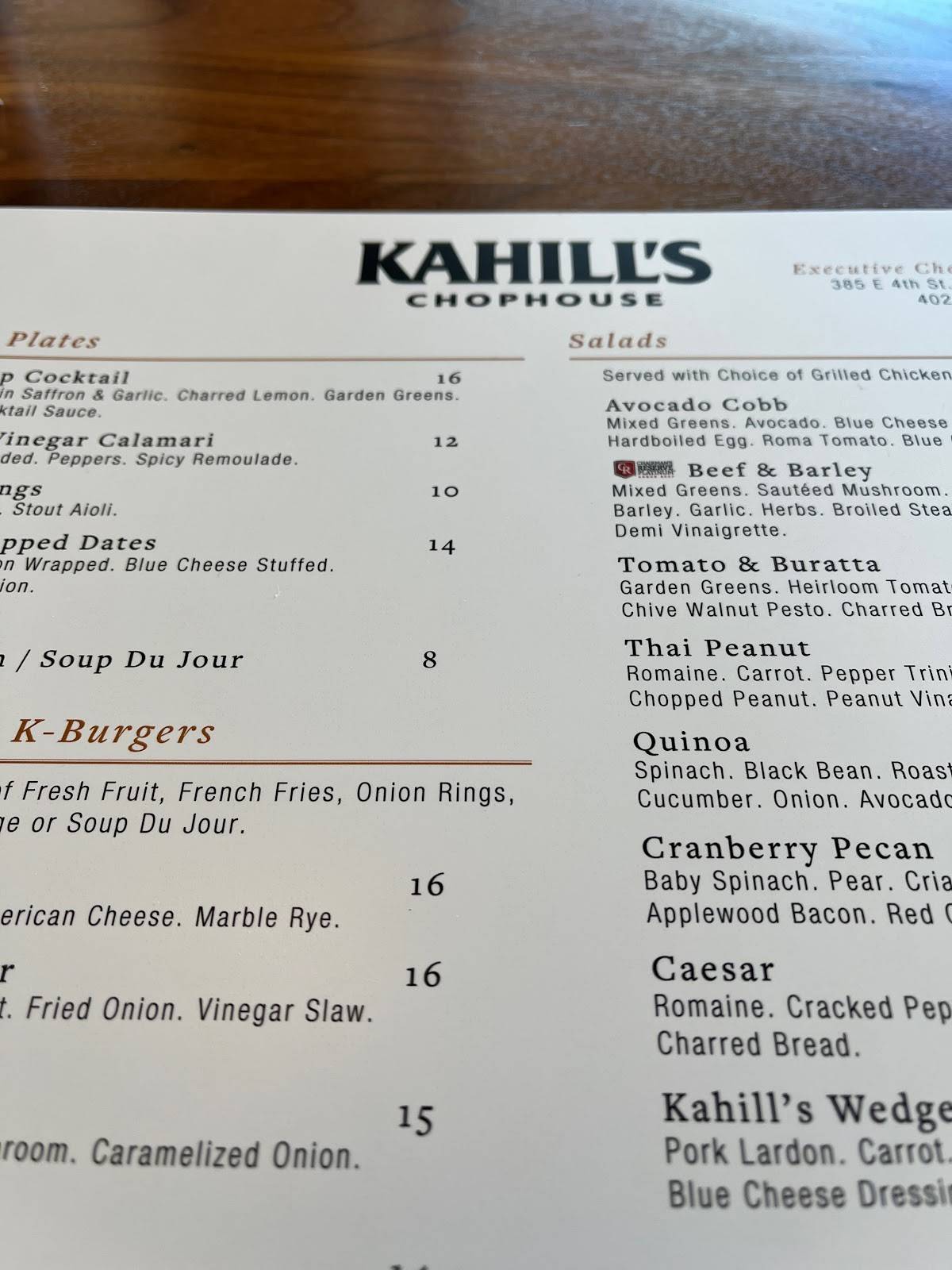 Menu at Kahill's Chophouse steakhouse, South Sioux City